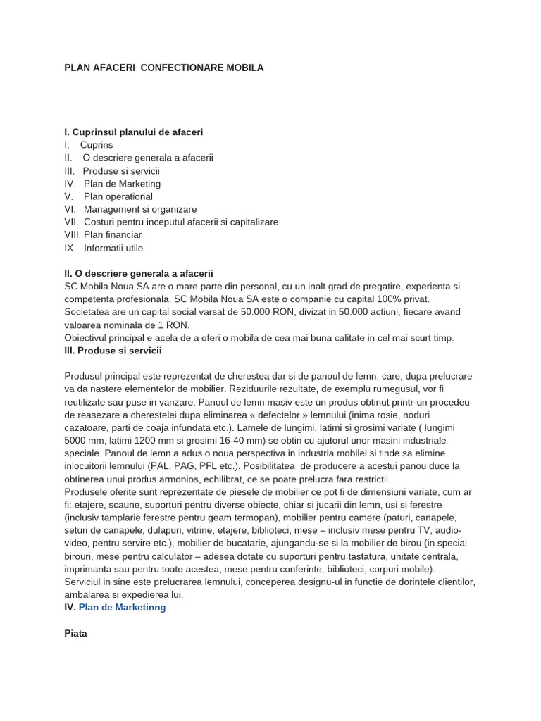 Plan Afaceri Confectionare Mobila | PDF