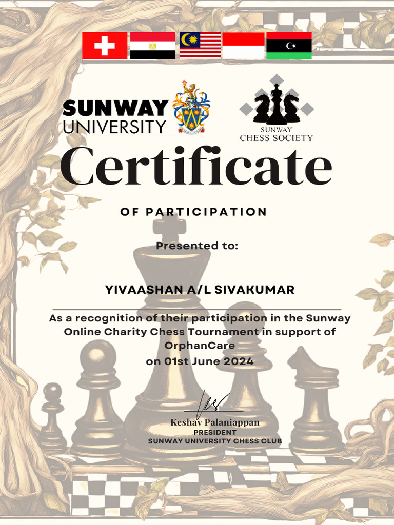 Sunway Charity Chess Tournament in Support of OrphanCare Certificate of ...