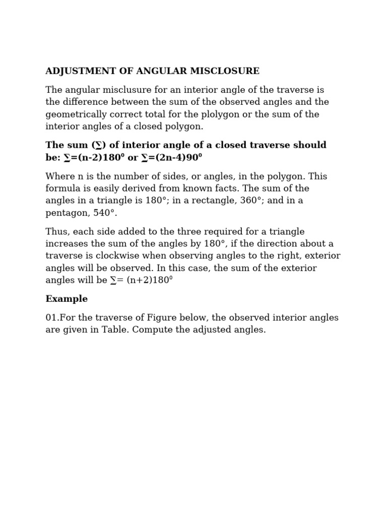 Adjustment of Angular Misclosure | PDF | Triangle | Teaching Methods & Materials