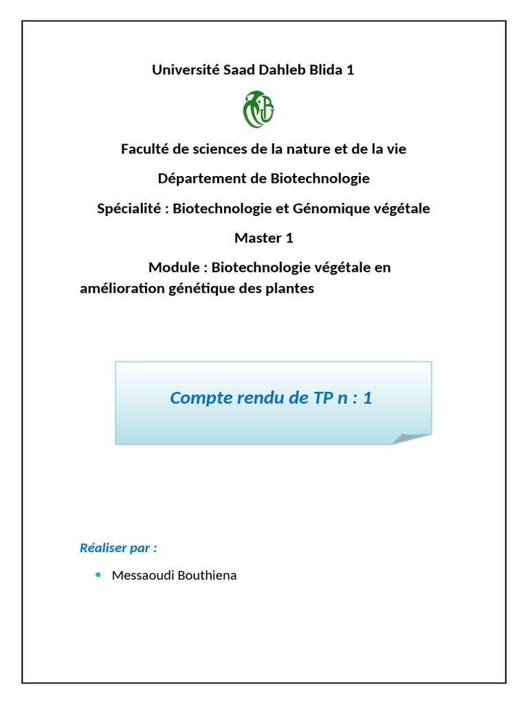Compte Rendu de TP N: 1: Université Saad Dahleb Blida 1 | PDF