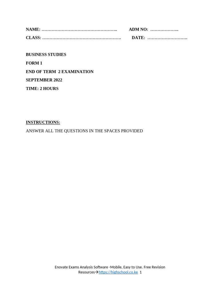 Form 1 Business Studies Exam 2022 | PDF | Economies | Computers