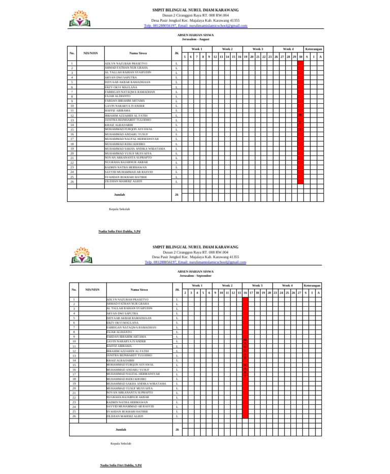 SMPIT - ABSEN Mapel Bilingual 24-25 | PDF