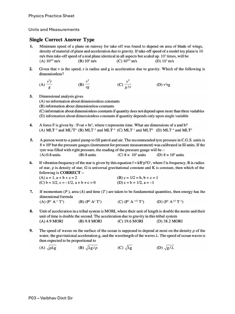 Practice Sheet - Dimensional Analysis | PDF