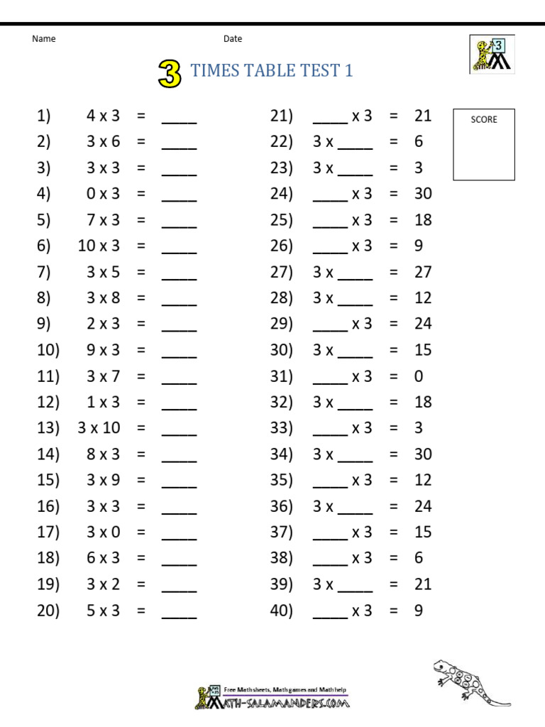 3 Times Table Test 1 | PDF