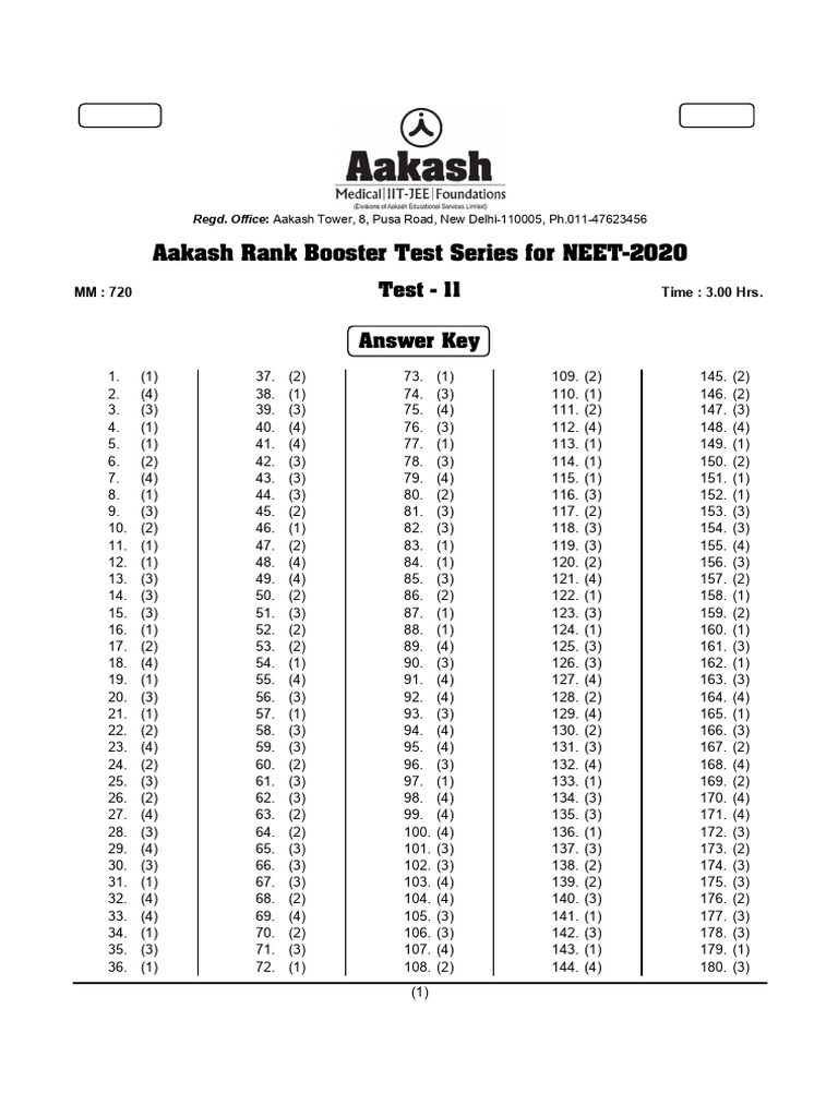 Aakash Test - 11 (Answer Key) | PDF