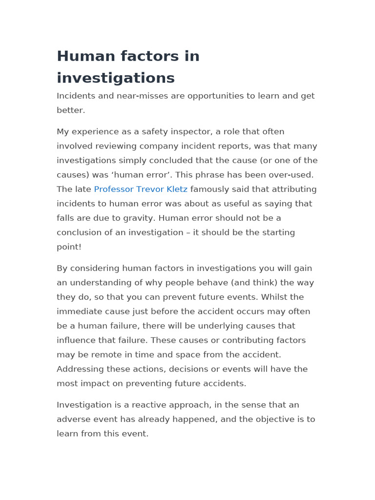 HF Accident Investigation | PDF | Human Factors And Ergonomics | Career ...