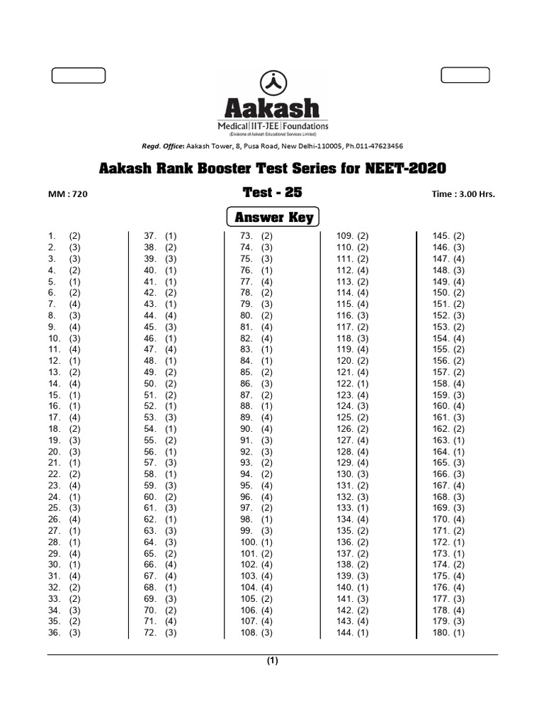 Aakash Test - 25 (Answer Key) | PDF