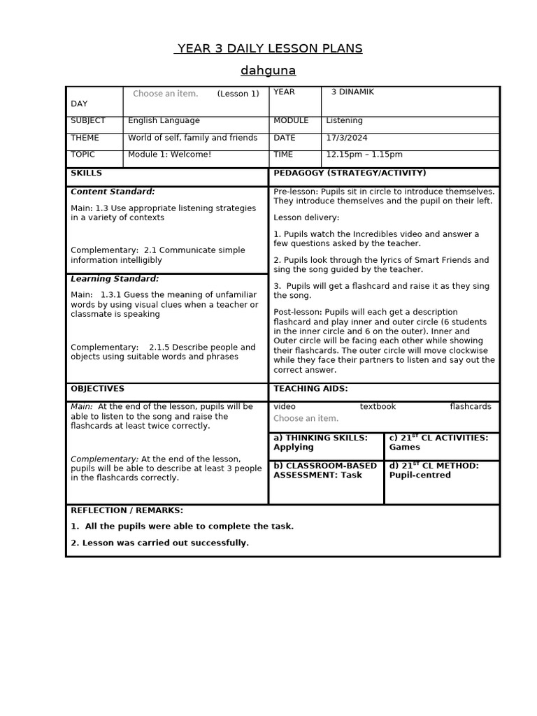 LESSON PLAN 1-5 Y3 | PDF