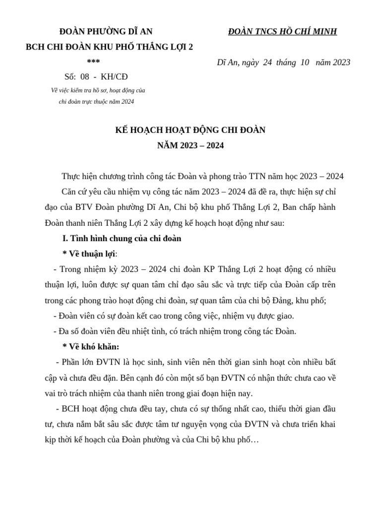 KH Ho T Đ NG Chi Đoàn 2024 | PDF
