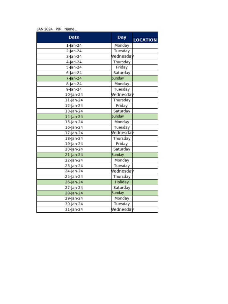 JAN 2024 - PJP - Name - : Date Day Location | PDF