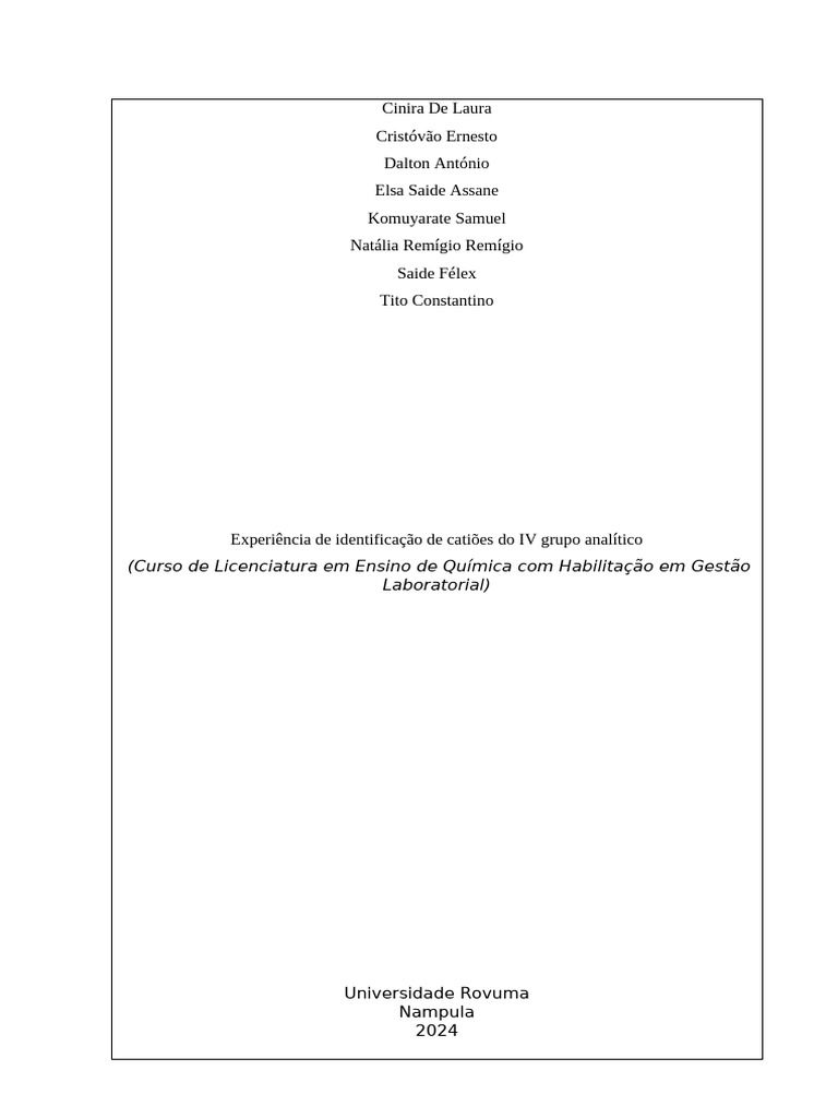 Guião - Experimento de Indentificao de Cations Do IV Grupo Analitico | PDF