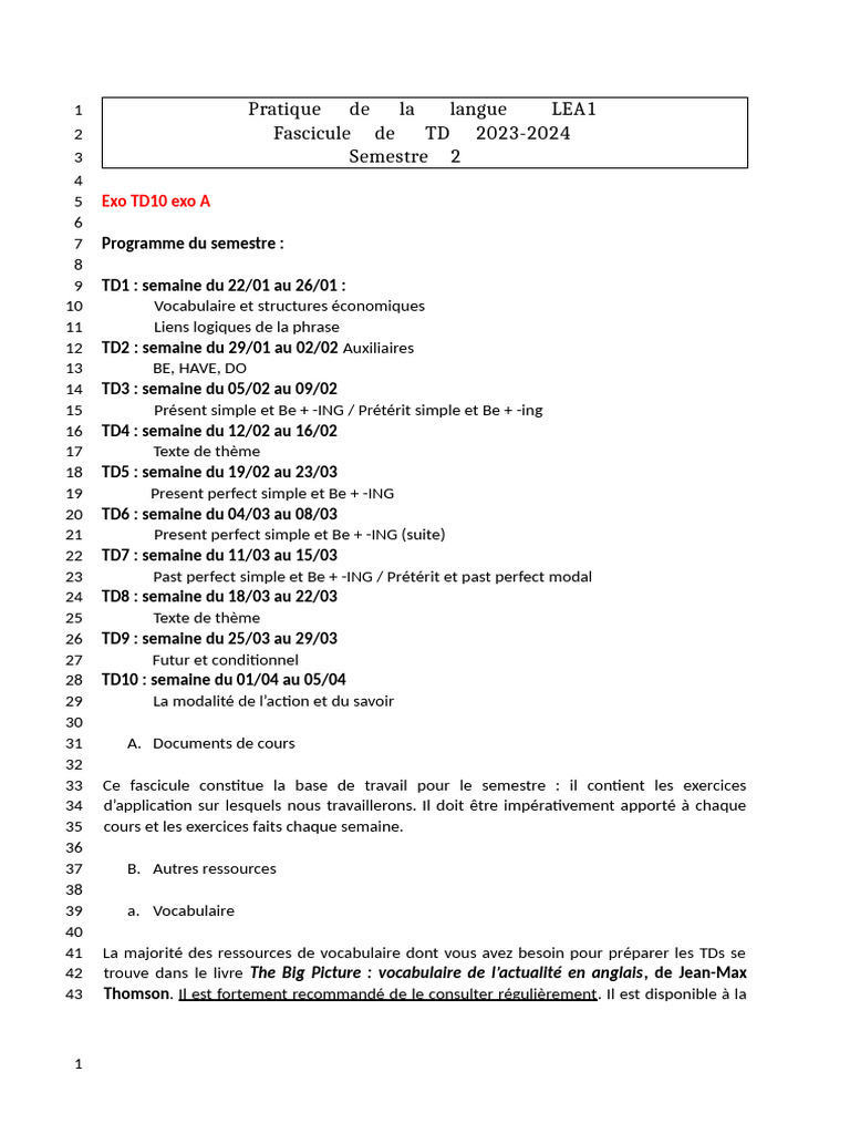 Pratique de La Langue Lea1 Fascicule de TD 2023-2024 Semestre 2 | PDF