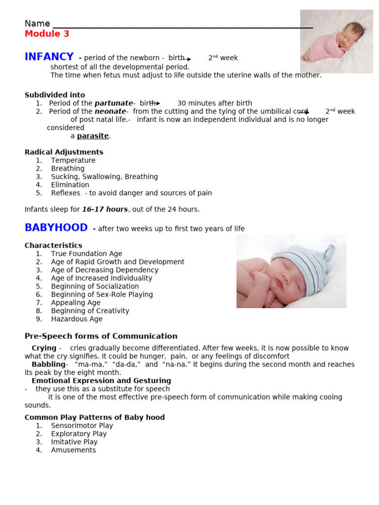 C and A Module 3 Infancy Babyhood | PDF | Infants | Self-Improvement