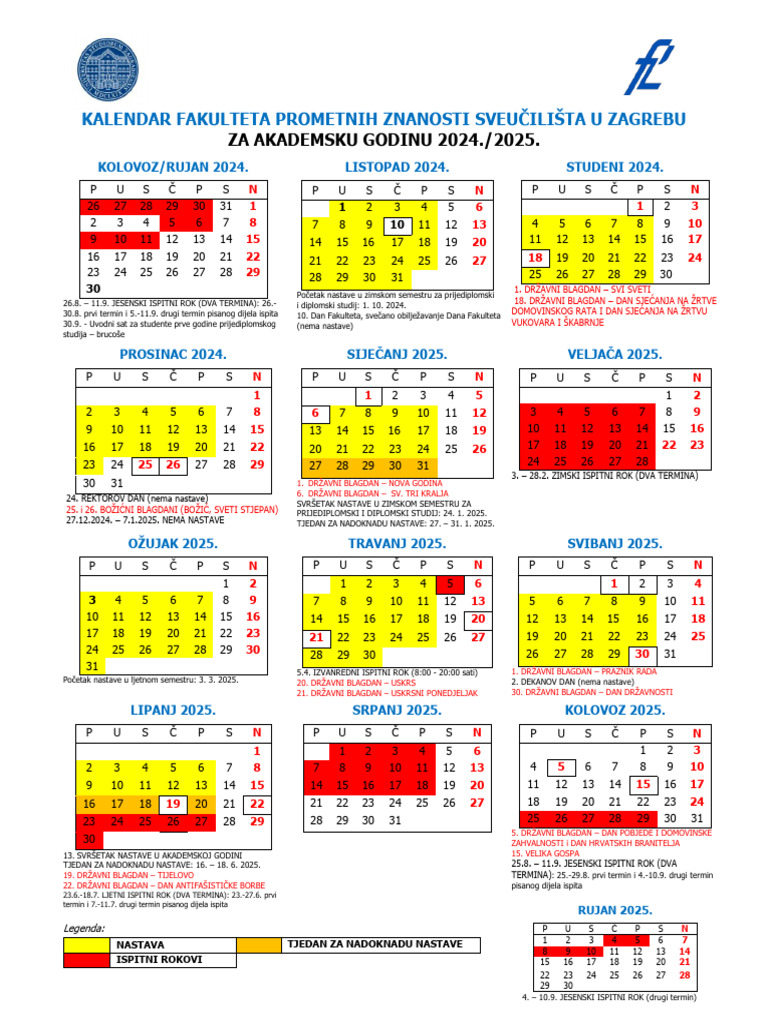 Akademski Kalendar Fakulteta Za Ak. God. 2024.-2025 | PDF