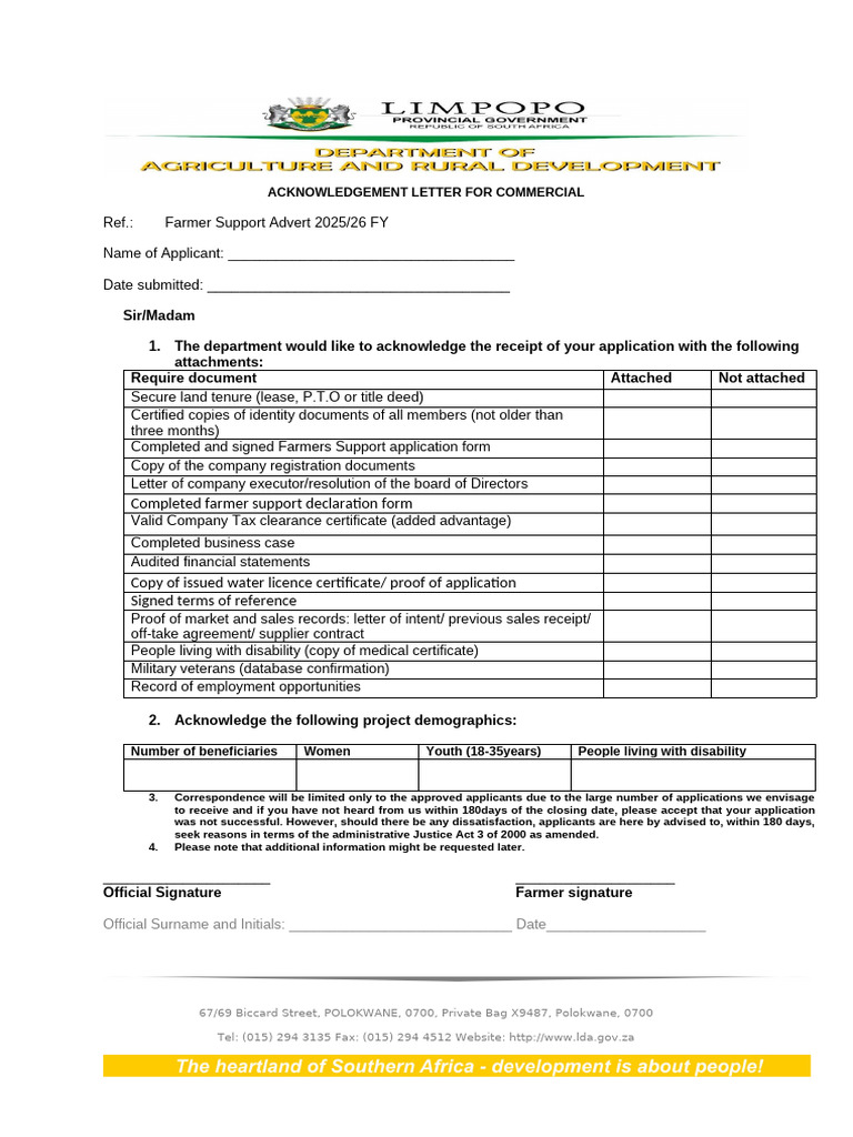 Farmer Support Application Acknowledgement Letter for Commercial 2025 ...