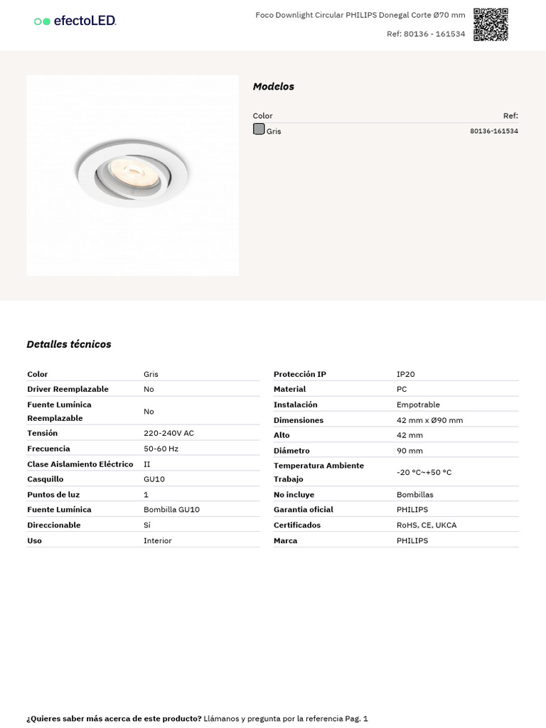 Foco Downlight Circular PHILIPS Donegal Corte Ø70 MM | PDF