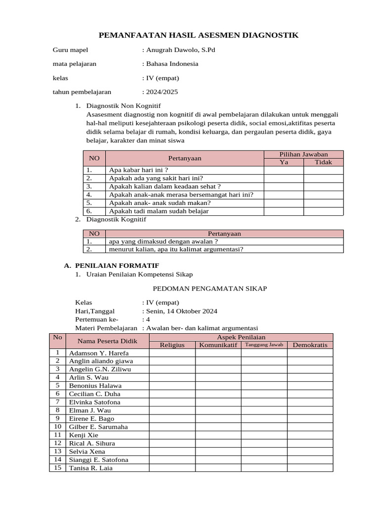 Pemanfaatan Hasil Asesmen Diagnostik Kelas IV | PDF