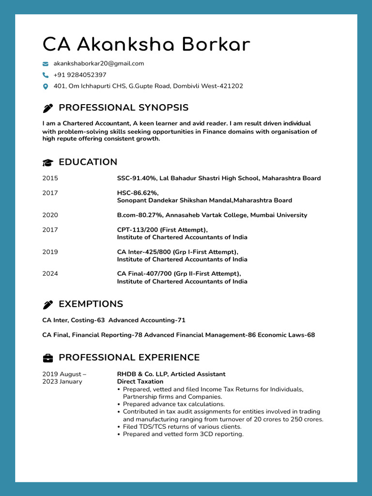 CA Akanksha Borkar Resume-3 | PDF | Taxes | Government Finances