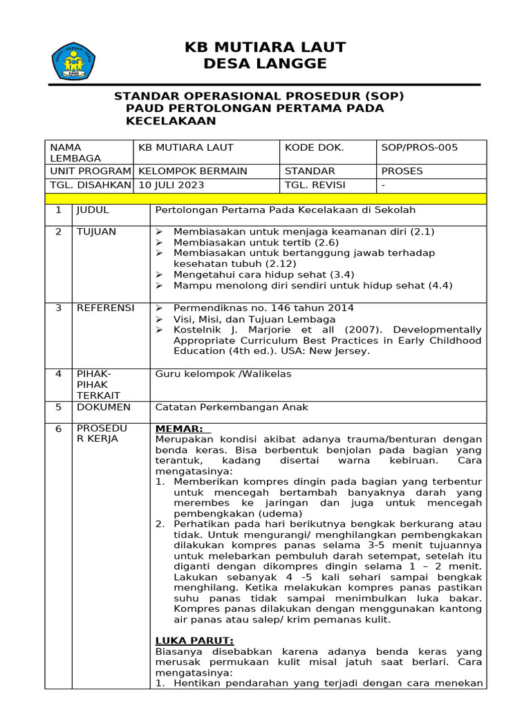 Sop p3k Mutiara Laut | PDF