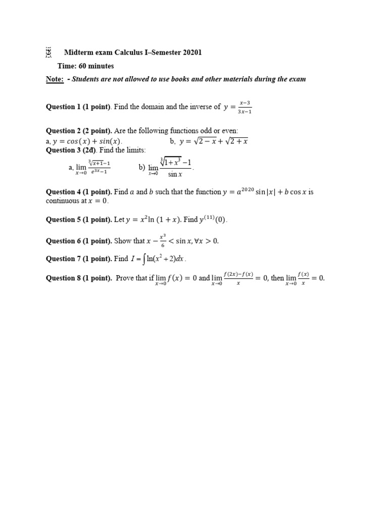 2 Midterm Exam Calculus I | PDF