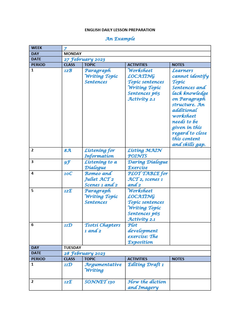 EXAMPLE ENGLISH DAILY LESSON PREPARATION | PDF