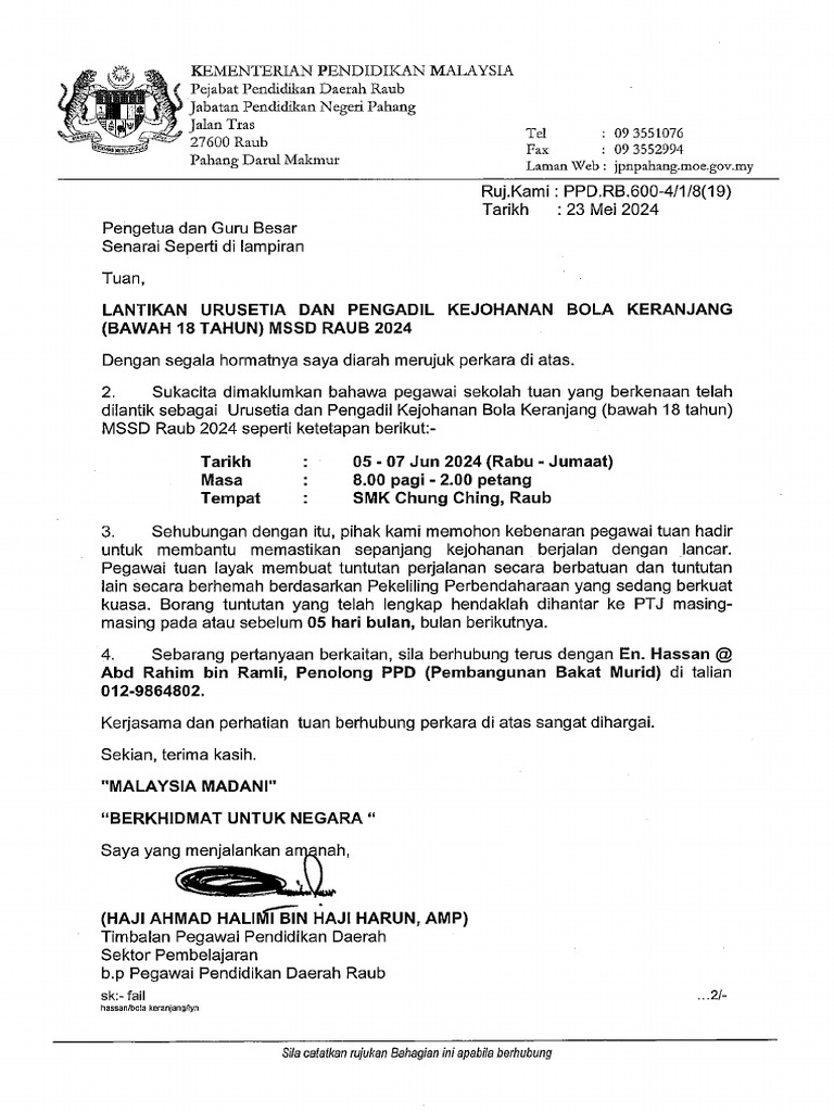 Lantikan Urusetia MSSD Bola Keranjang B18 2024 | PDF