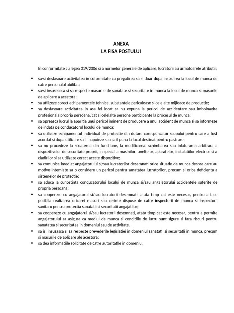 anexa la fisa postului SSM | PDF