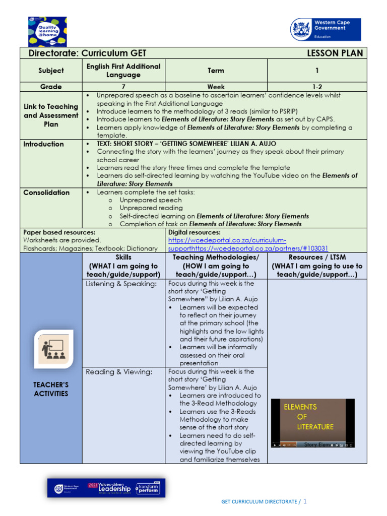 Lesson Plan GR 7 English FAL T1 W1-2 | PDF