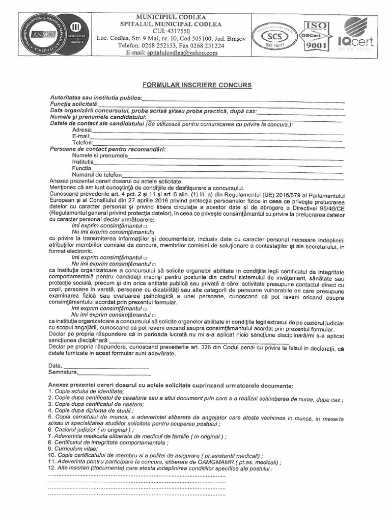 Formular Inscriere Concurs 5 | PDF