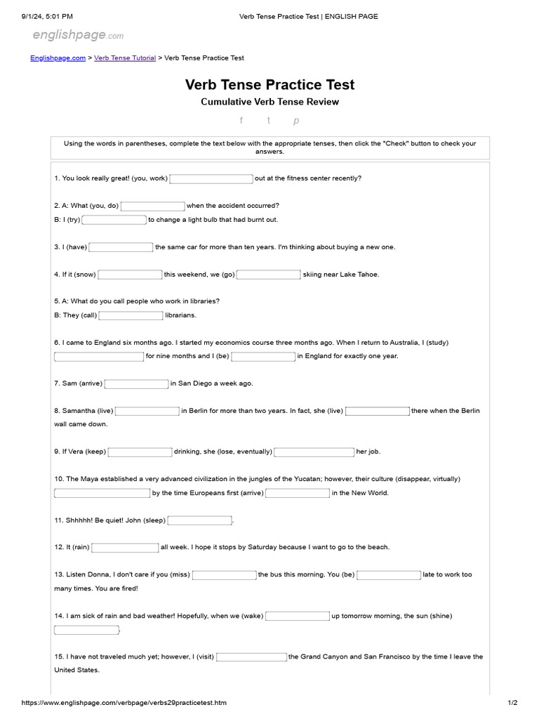 Verb Tense Practice Test _ ENGLISH PAGE | PDF
