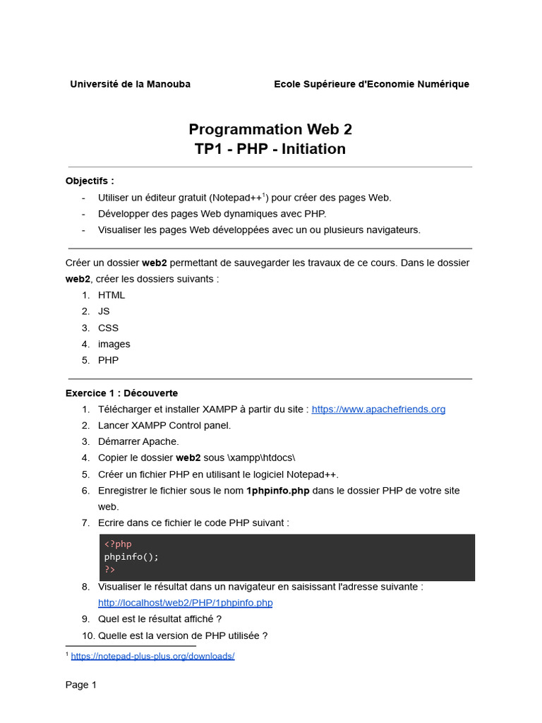 Programmation Web 2 TP1 - PHP - Initiation: Université de La Manouba Ecole Supérieure D'economie ...