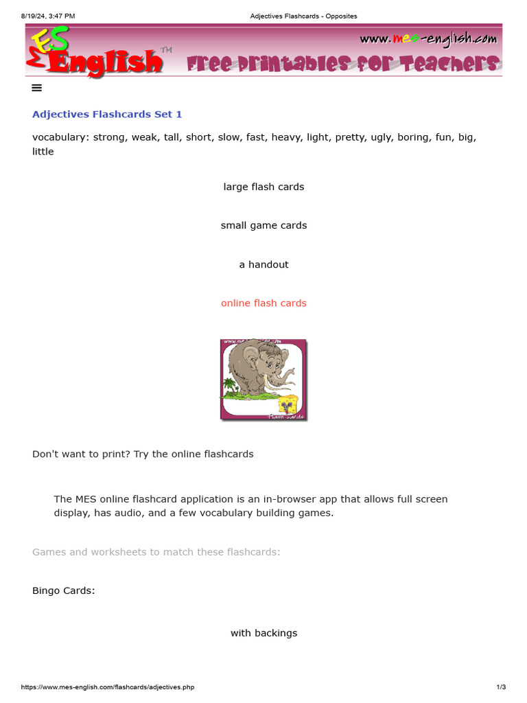 Adjectives Flashcards - Opposites | PDF