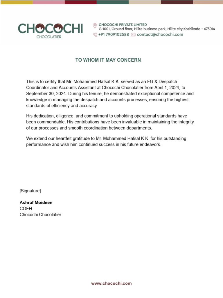 HAFSAL Experience Certificate Chocochi Letterhead Plain | PDF