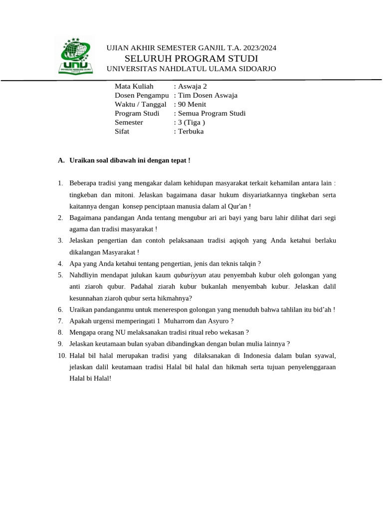 Soal UAS Aswaja II 2023-2024 | PDF