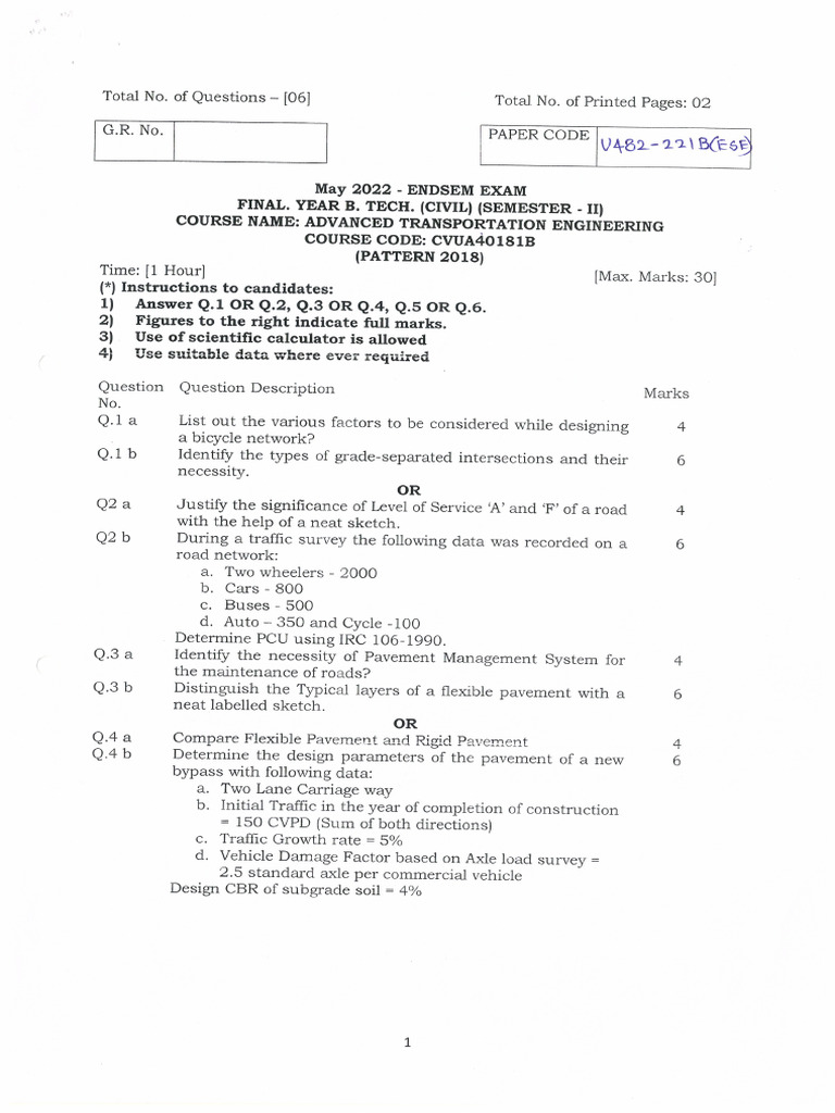 Advanced Transportation Engineering Sem II Pattern 2018 EndSem May 2022 QP | PDF