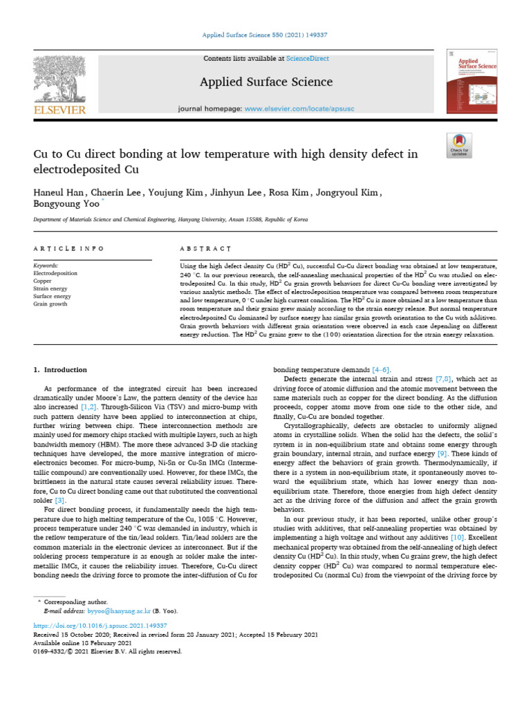 Cu To Cu Direct Bonding at Low Temperature With High Density Defect in ...