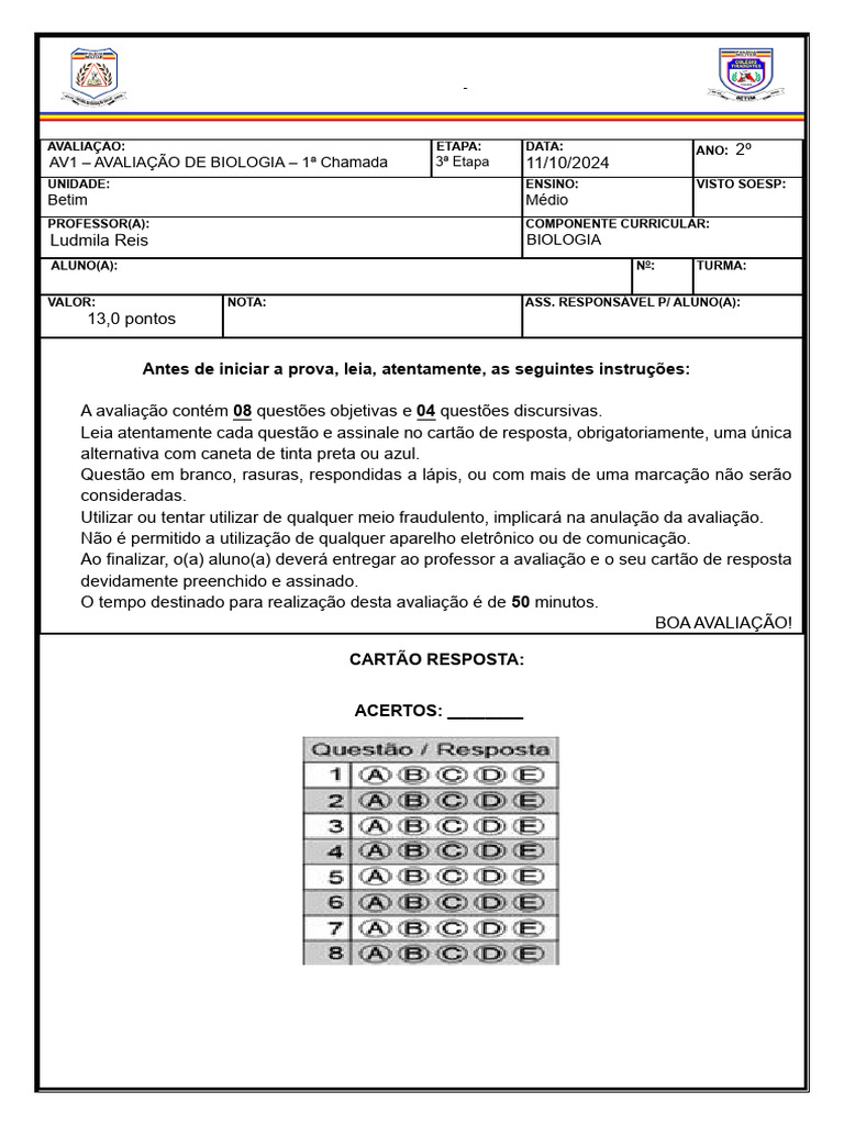 Av1 Biologia - 3 Etapa 2024 - 2ºs Anos-Em Adptada Daniel Florêncio | PDF