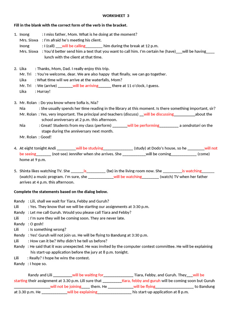 Worksheet 3 (Future Continous) | PDF