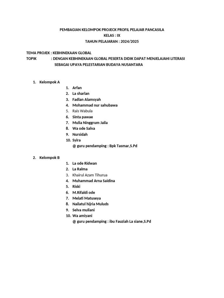 Pembagian Kelompok Projeck Profil Pelajar Pancasila | PDF