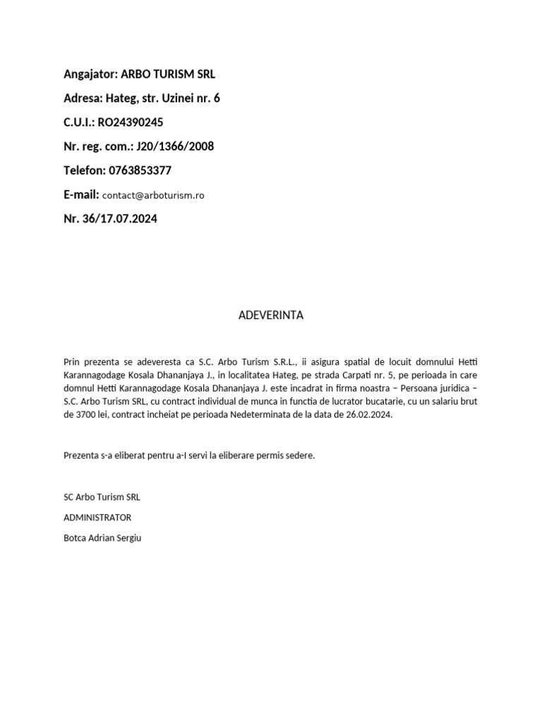 Adeverinta Angajator Atestare Spatiu Locuit Pentru Permis de Sedere | PDF