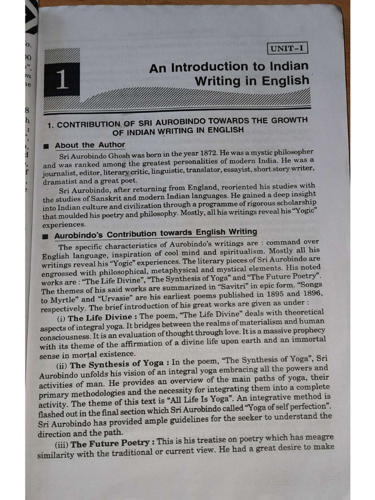 Notes of Unit I (Indian Writing in English) | PDF