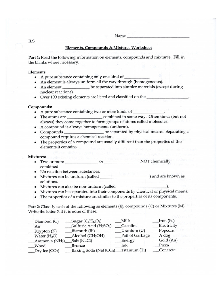 Elements Compounds Mixtures | PDF