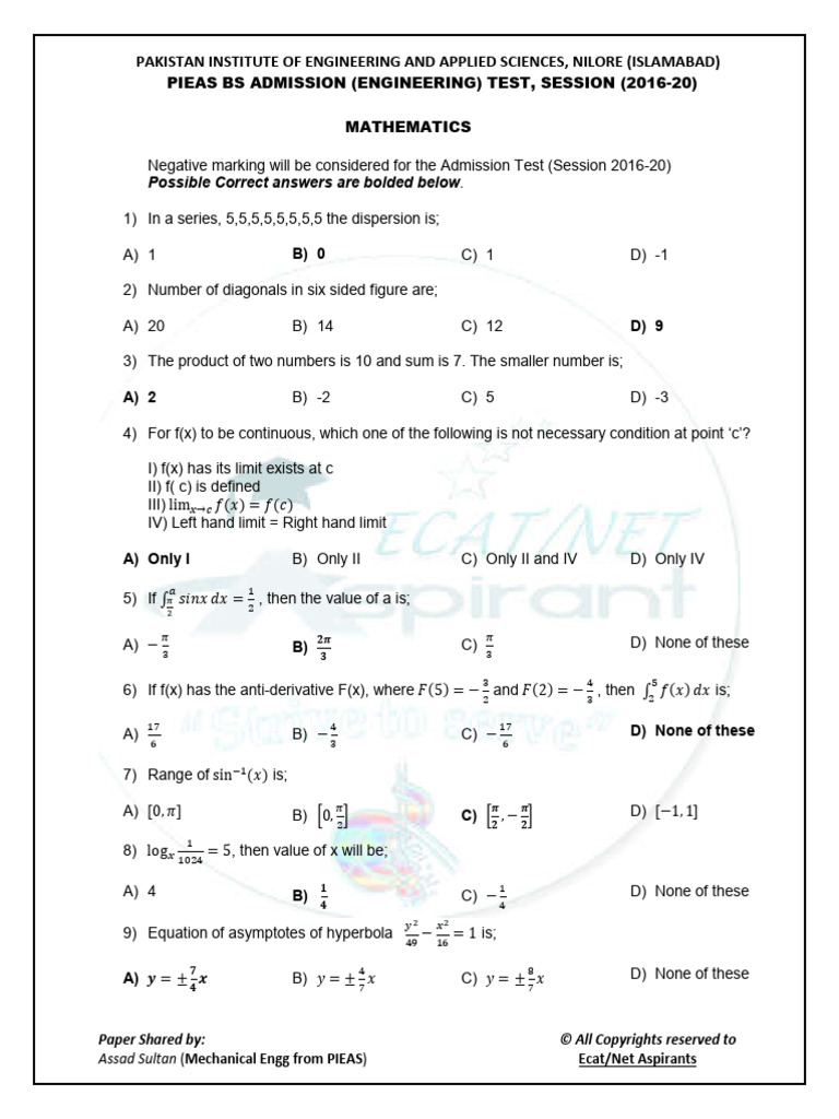 Mathematics Portion PIEAS 2016 | PDF
