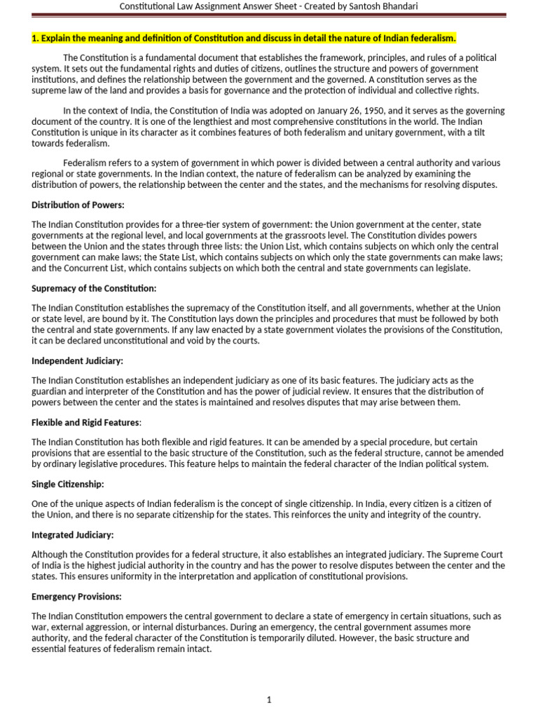 Consitutional Law Assignments Answer Sheet | PDF