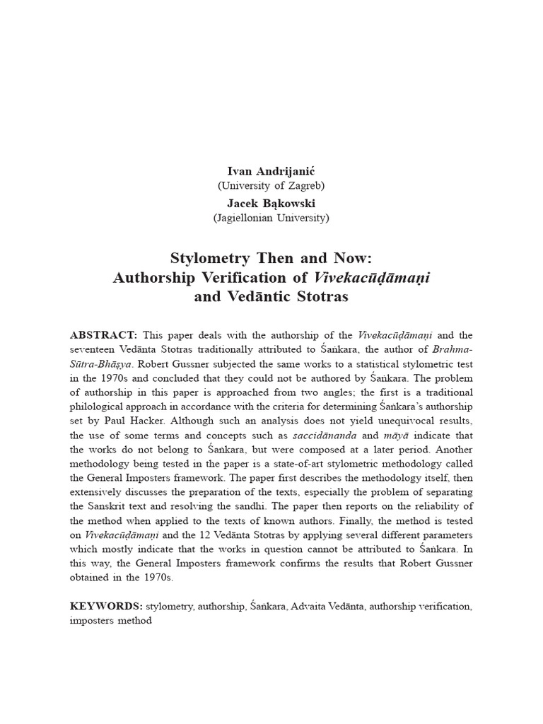 Stylometry Then and Now Authorship Verif | PDF