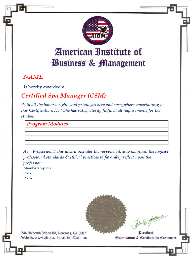 AIBM Sample Certificate-Certified Spa Manager (CSM) | PDF