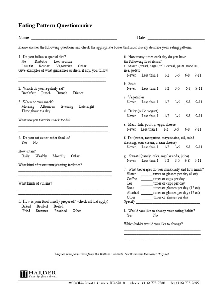 Eating Pattern Questionnaire | PDF | Foods | Lunch