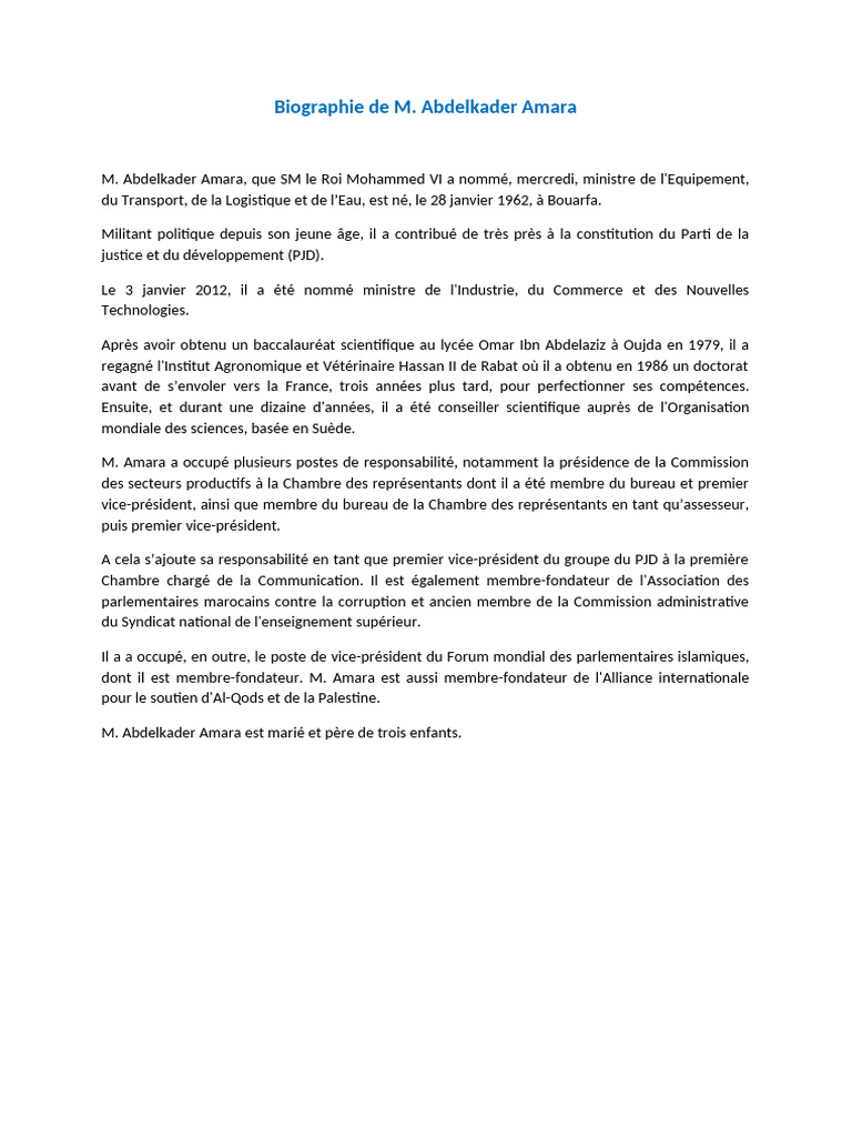Biographie de M. Abdelkader Amara 0 | PDF