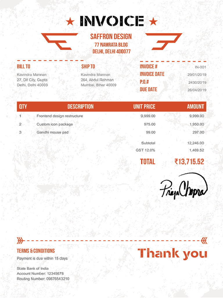Invoice Template in Military Orange 750px | PDF