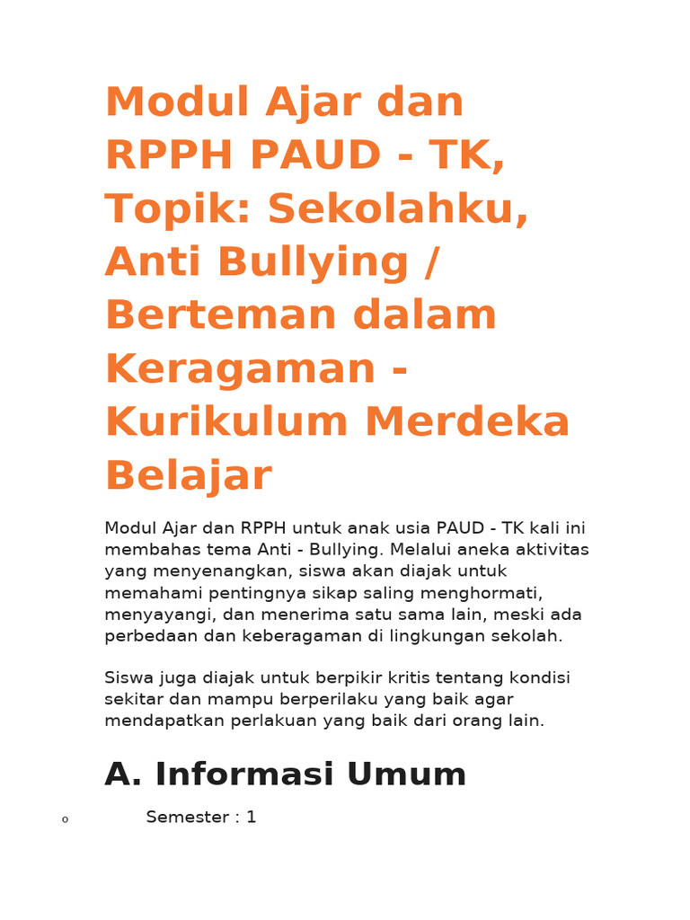 Modul Ajar Dan RPPH PAUD-ANTI BULLIYING | PDF | Karier & Perkembangan ...